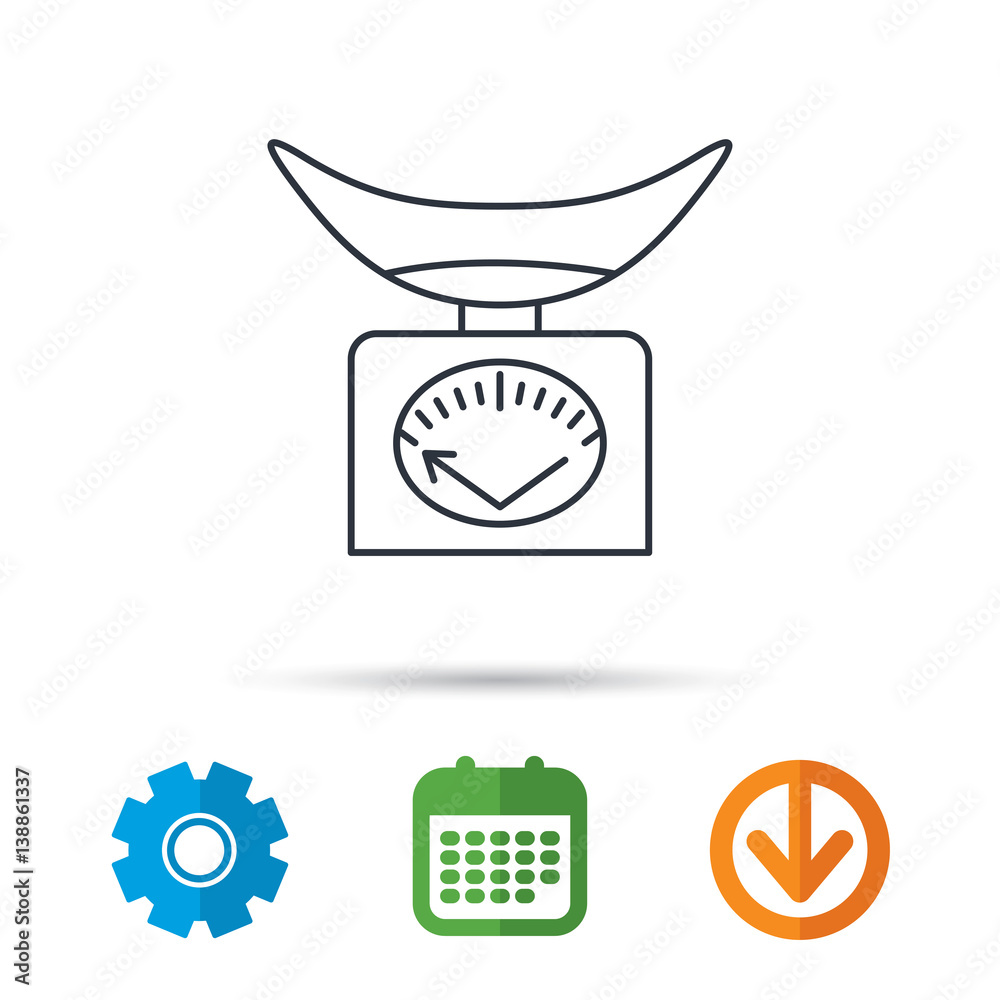 Scales icon. Kitchen weighing tool sign. Calendar, cogwheel and ...