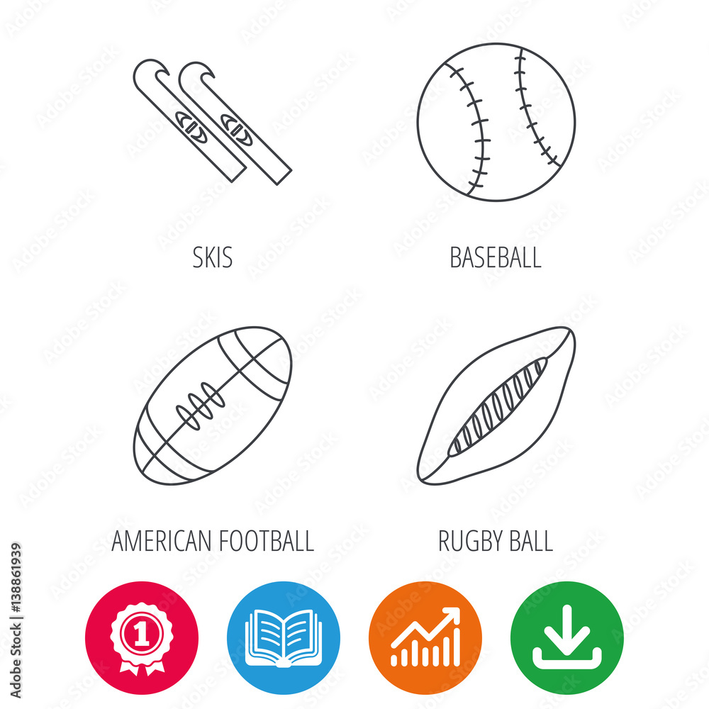 Sport fitness, rugby ball and baseball icons. American footbal, skis ...