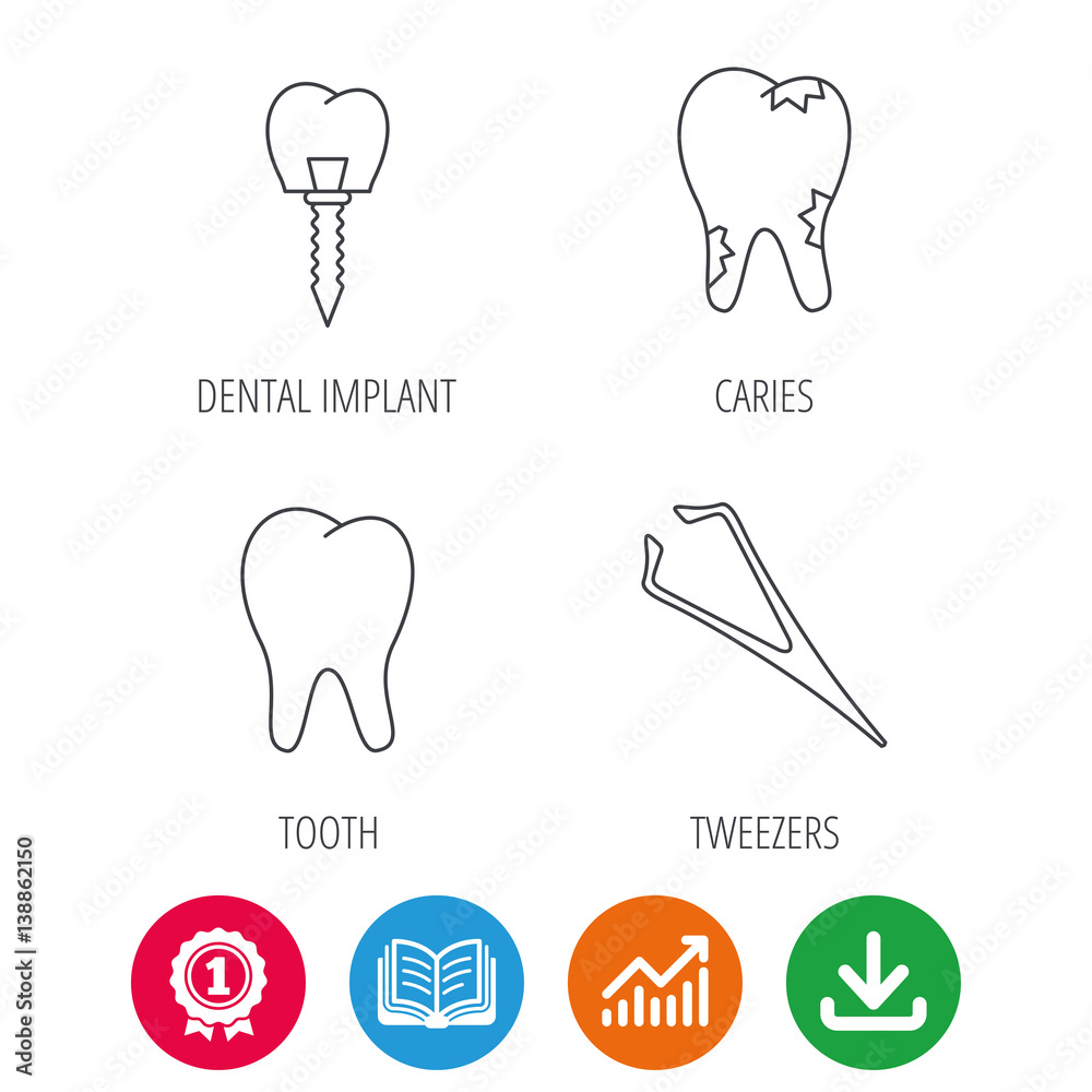 Dental implant, caries and tooth icons. Tweezers linear sign. Award ...