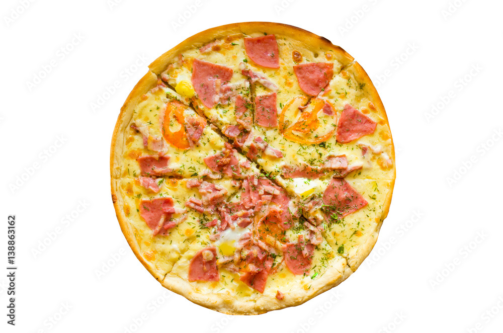 Circle of pizza with cheese and basturma Stock Photo | Adobe Stock