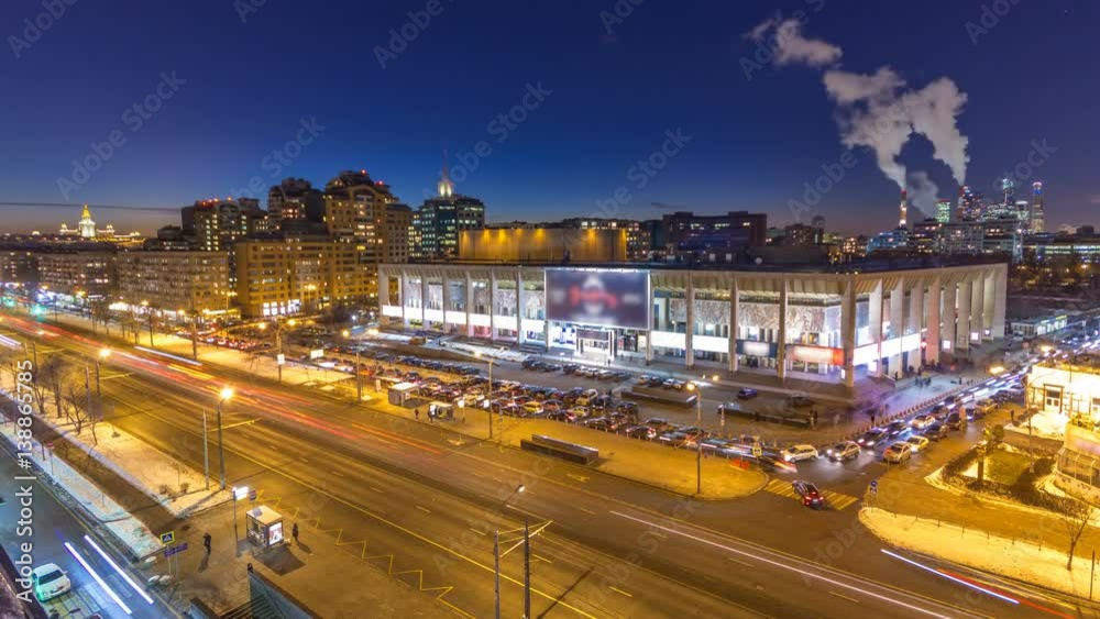 Moscow city Russia skyline aerial panoramic top view night timelapse ...