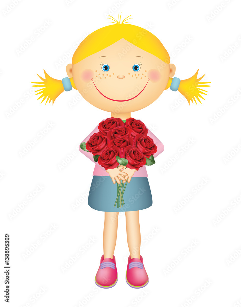 Cute little girl holding a bouquet of red roses. Isolated on white ...