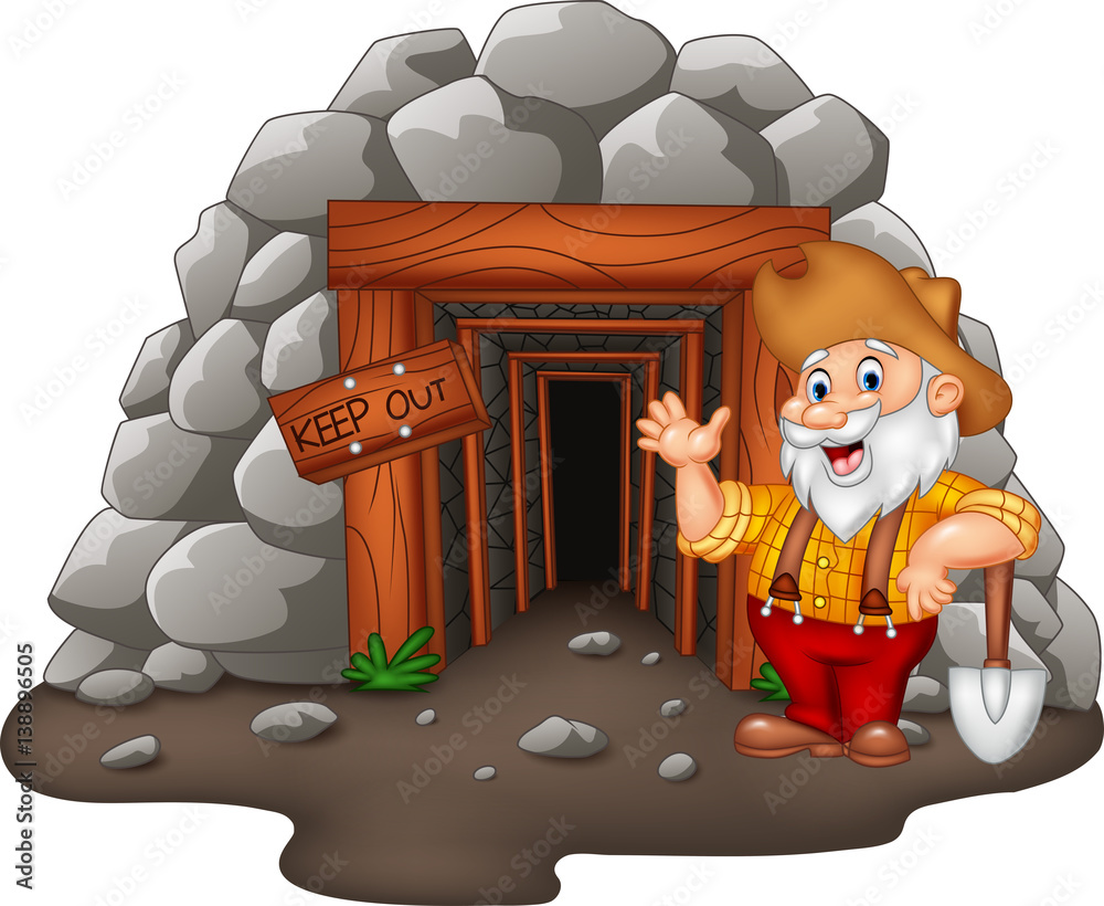 Cartoon mine entrance with gold miner Stock Vector | Adobe Stock