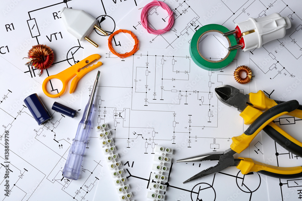 Different electrical tools on paper circuit drawing background Stock ...
