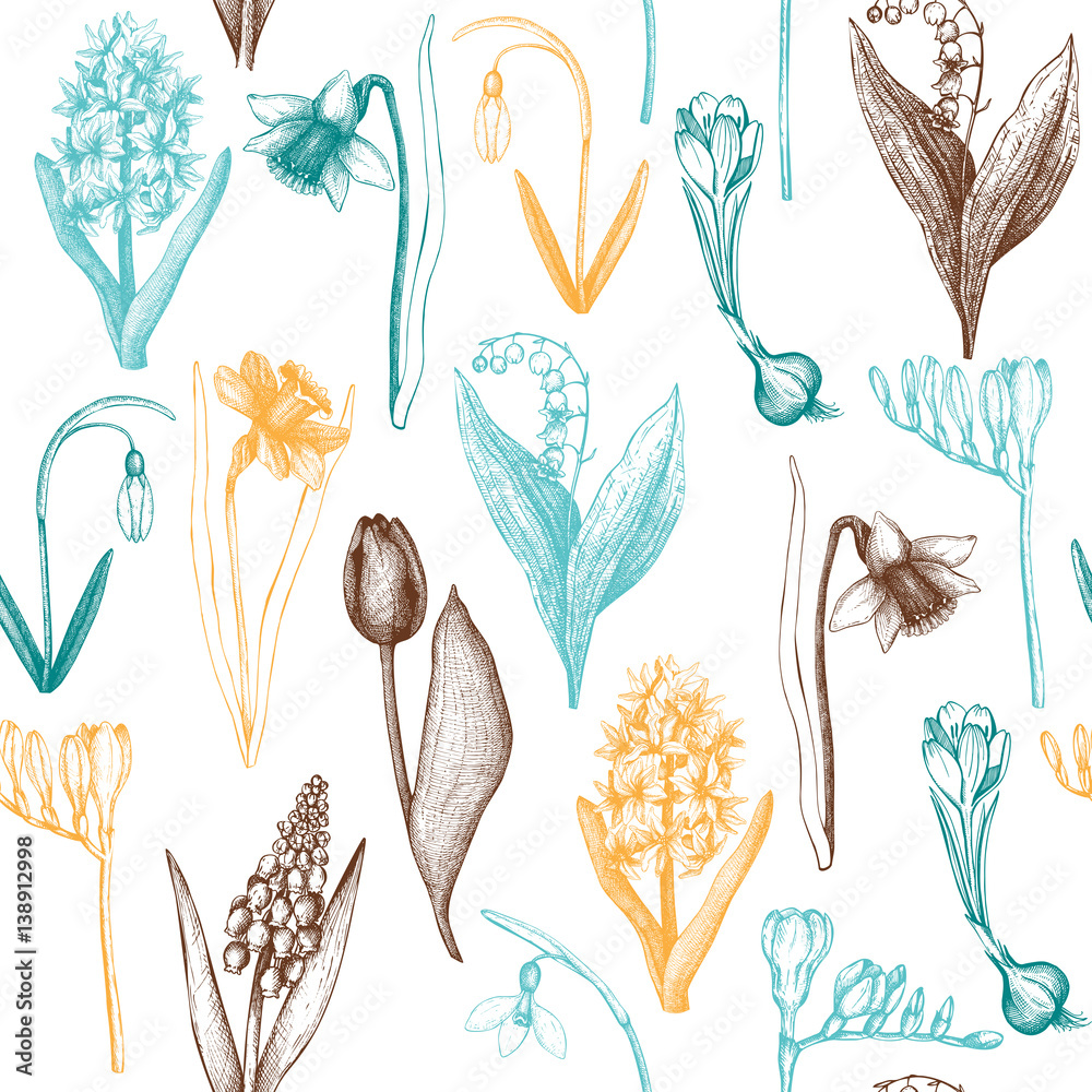 Seamless pattern with hand drawn spring flowers sketch. Botanical ...
