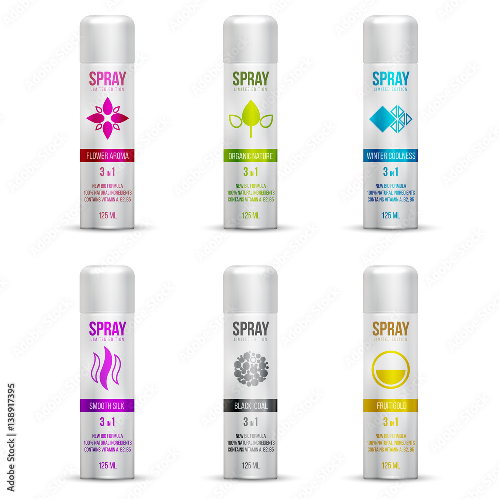 Set vector mock-up of empty and clean white glossy metal spray bottle ...