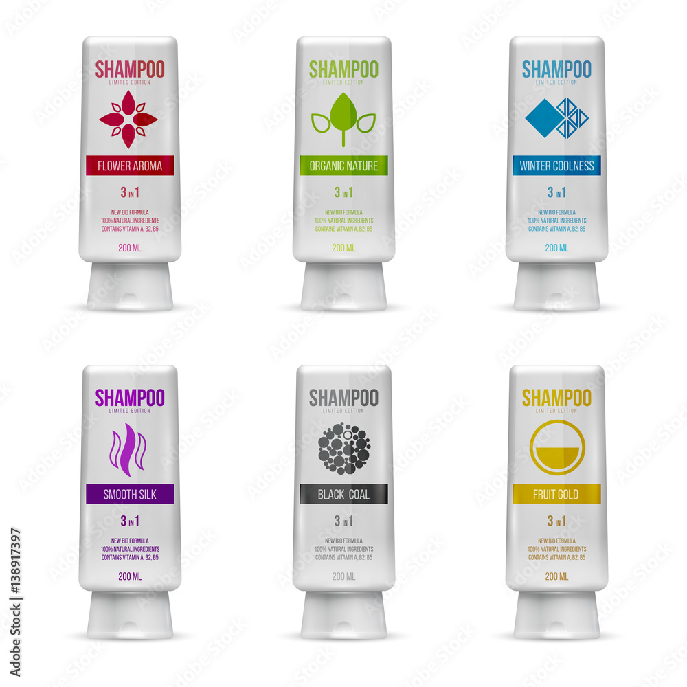 Set vector mock-up of tube with cap for shampoo, wash shower gel ...