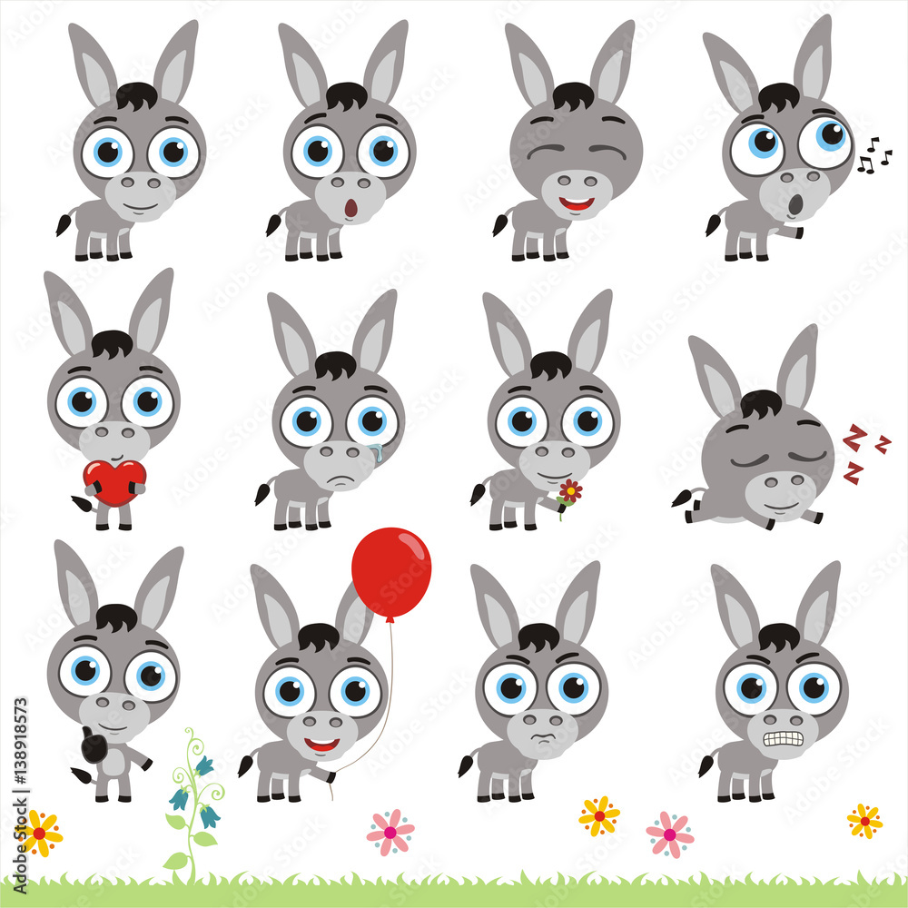 Big set cute little donkey. Collection isolated cartoon donkey in ...