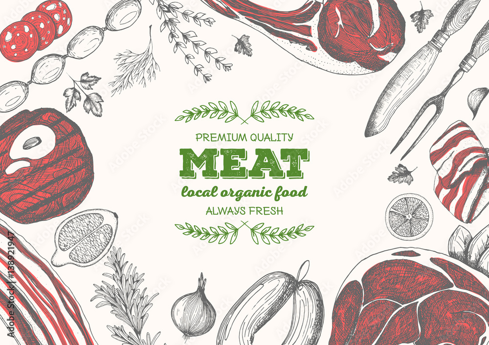 Vintage meat frame. Vector illustration. Linear graphic design. Hand ...