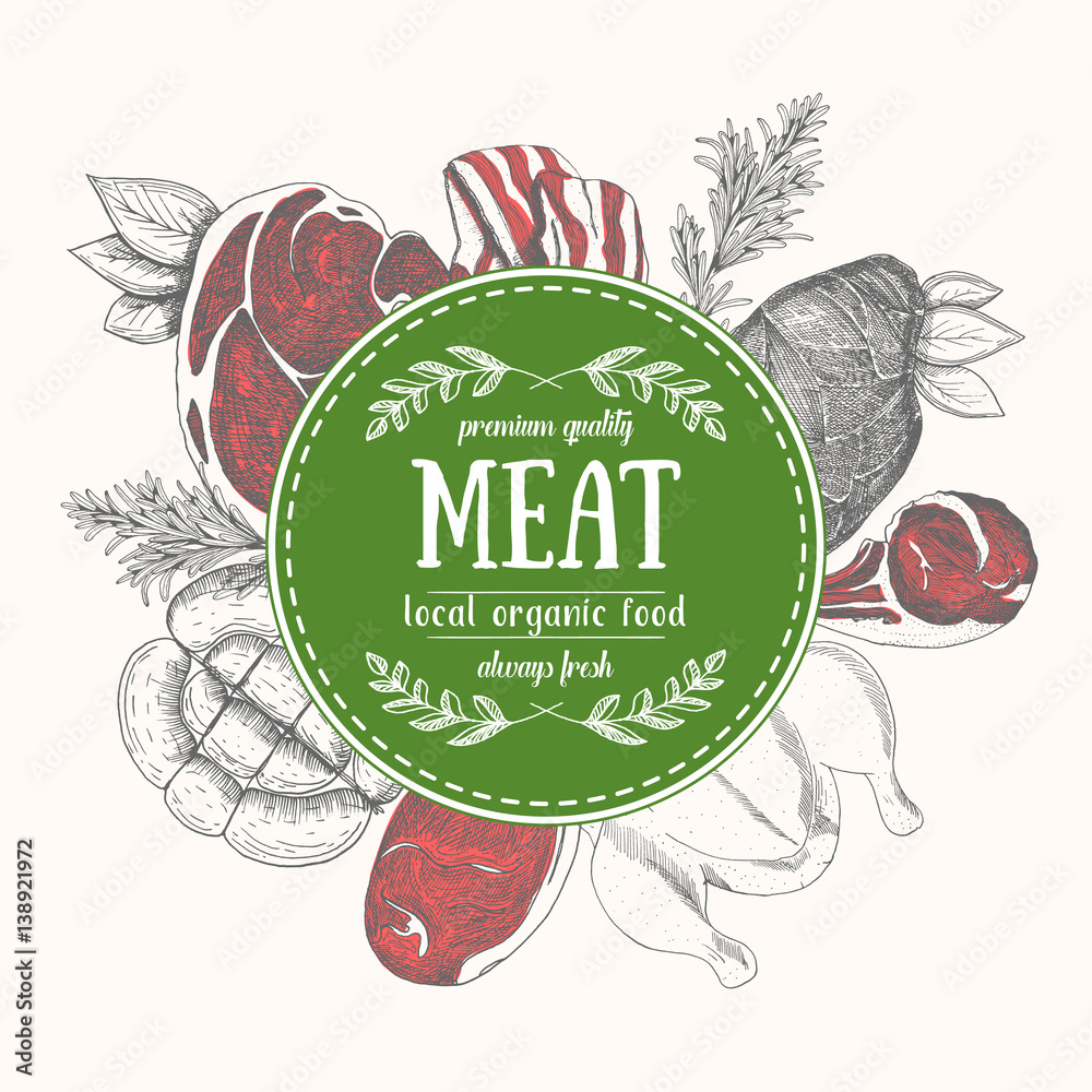 Design template for meat market. Menu label with meat meal. Hand-drawn ...