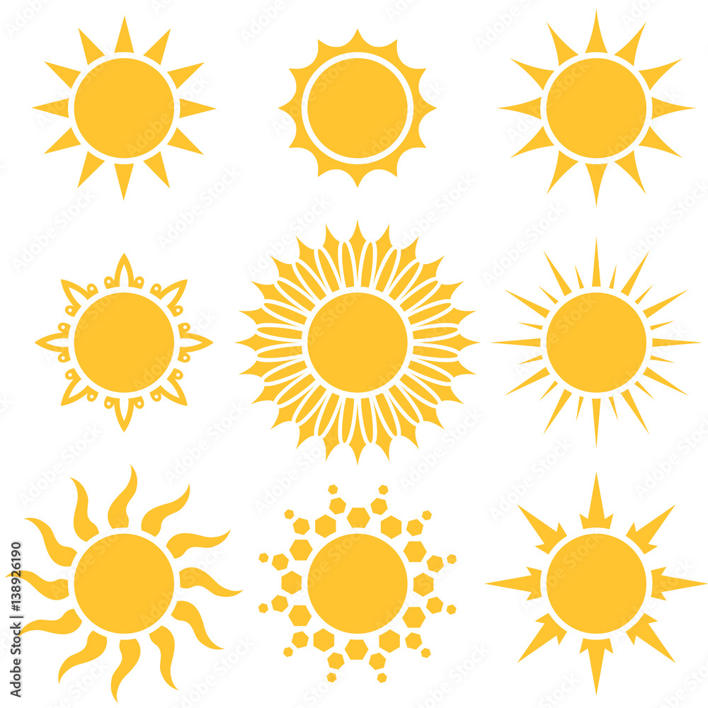 Flat yellow sun cartoon shapes isolated on white background. Stock ...