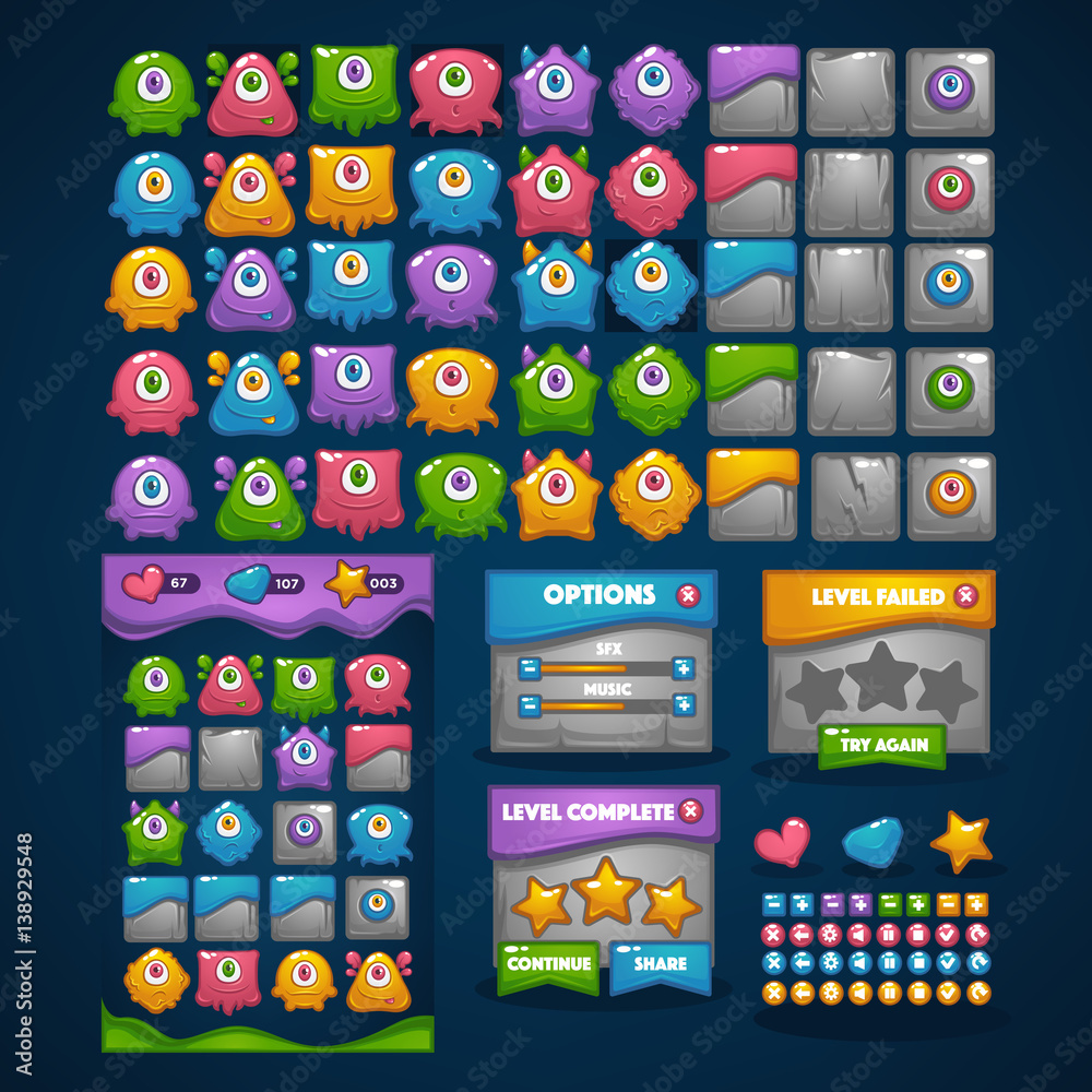 happy monsters, match 3, large vector cartoon collection, characters ...