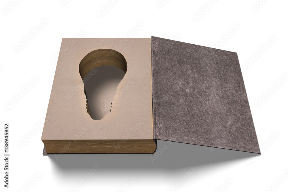 Open book with light bulb shape hole inside, 3D illustration Stock ...