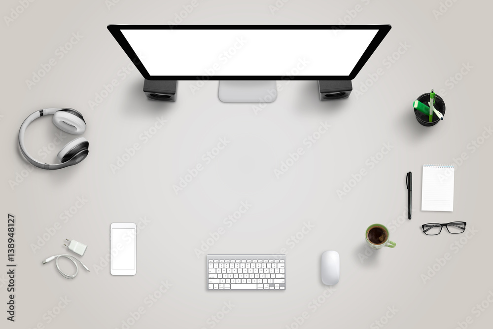 Desk with technology devices with free space for text. Top view of ...