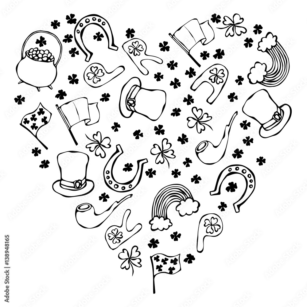 Collection of Irish symbols outline. Heart shape background. Stock ...