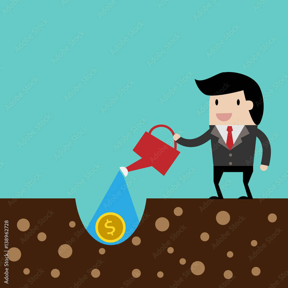 save money for investment concept,cartoon businessman with money in his ...