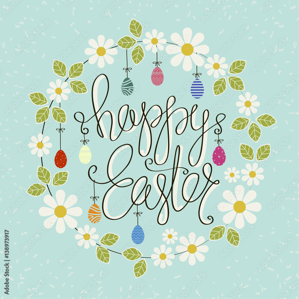 Cover design. Depicted phrase happy Easter with decorative eggs ...