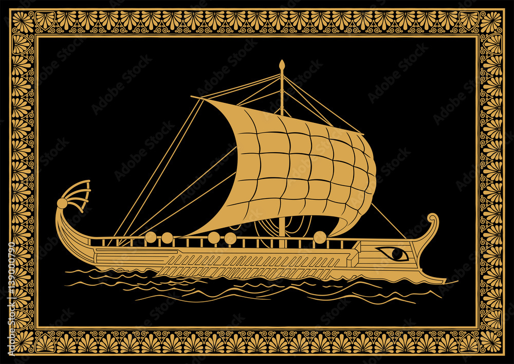 Ancient Greek ship with oars and sails on the sea waves. Stock Vector ...