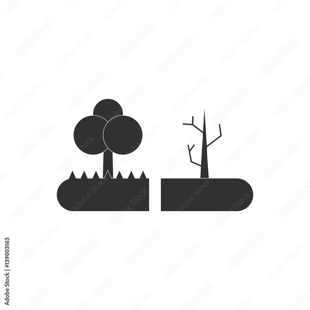 black and white Vector illustration in flat design of drought and trees ...