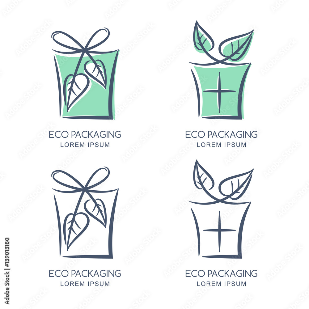 Vector eco packaging logo, icon or emblem design template. Sketch box ...