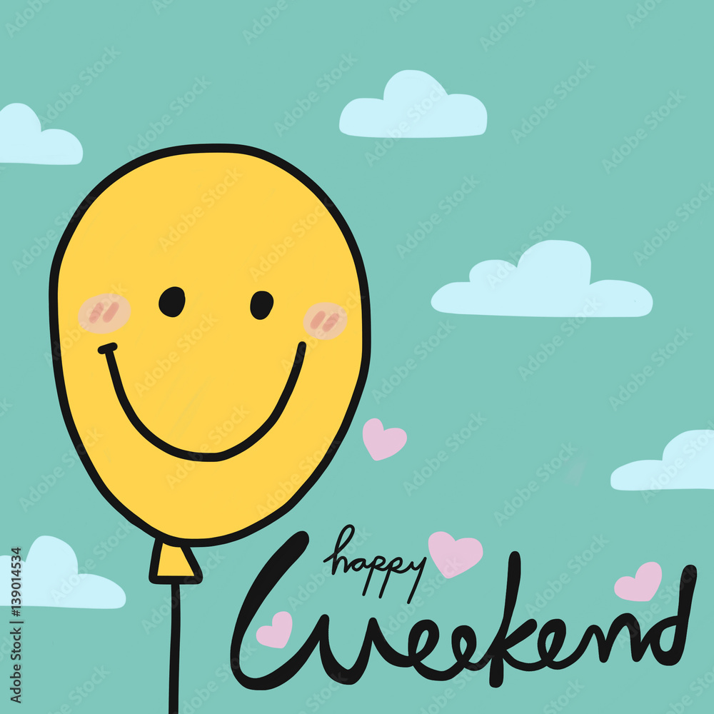 Yellow balloon on blue sky and happy weekend word cartoon illustration ...