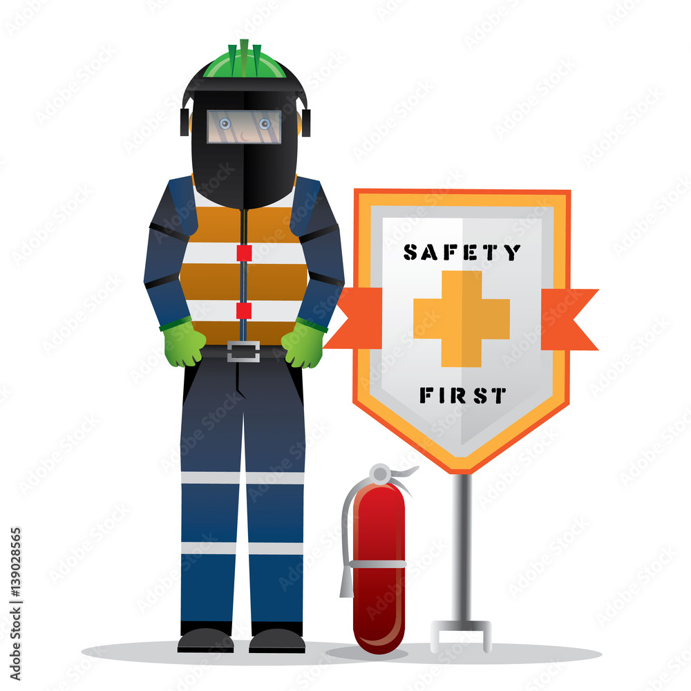 construction worker standing with safety first sign, health and safety ...