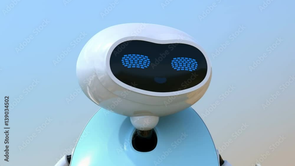 Humanoid robot with touch screen isolated on light blue background. 3D ...