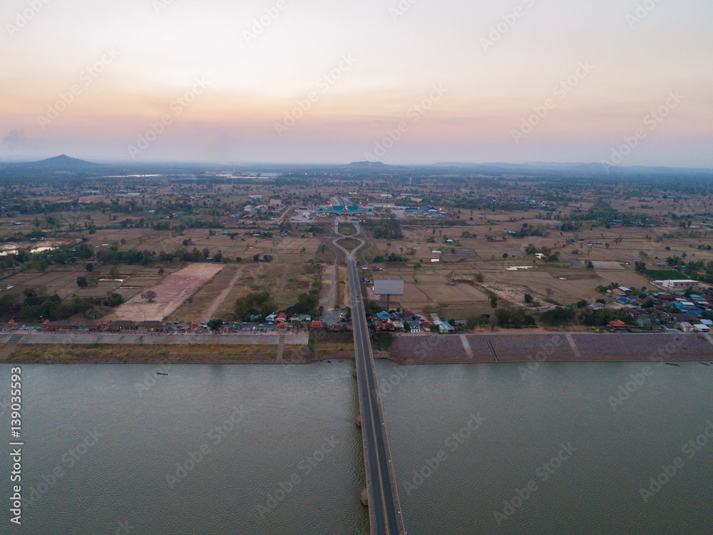 Aerial view of Bridge over Mae khong river at twilight sky. bridge in ...