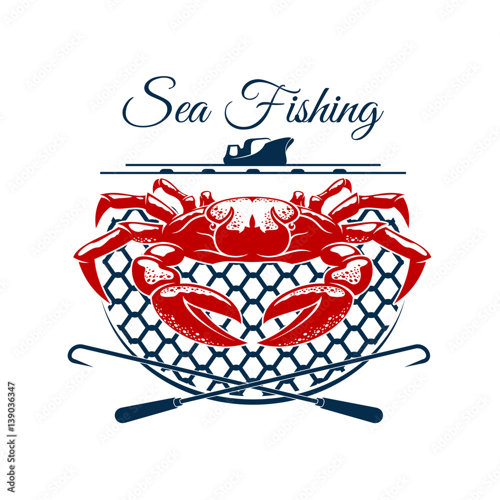 Sea fishing sign design with crab in net Stock Vector | Adobe Stock