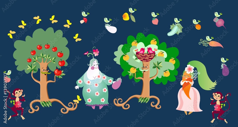 Fairy tale illustration with cute cartoon characters: apple trees ...