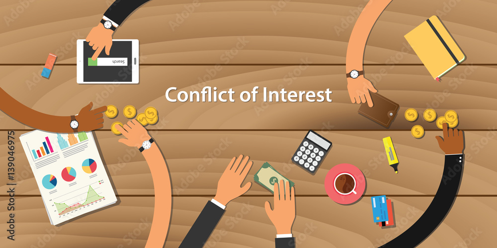 conflict of interest illustration team work together with hand on ...