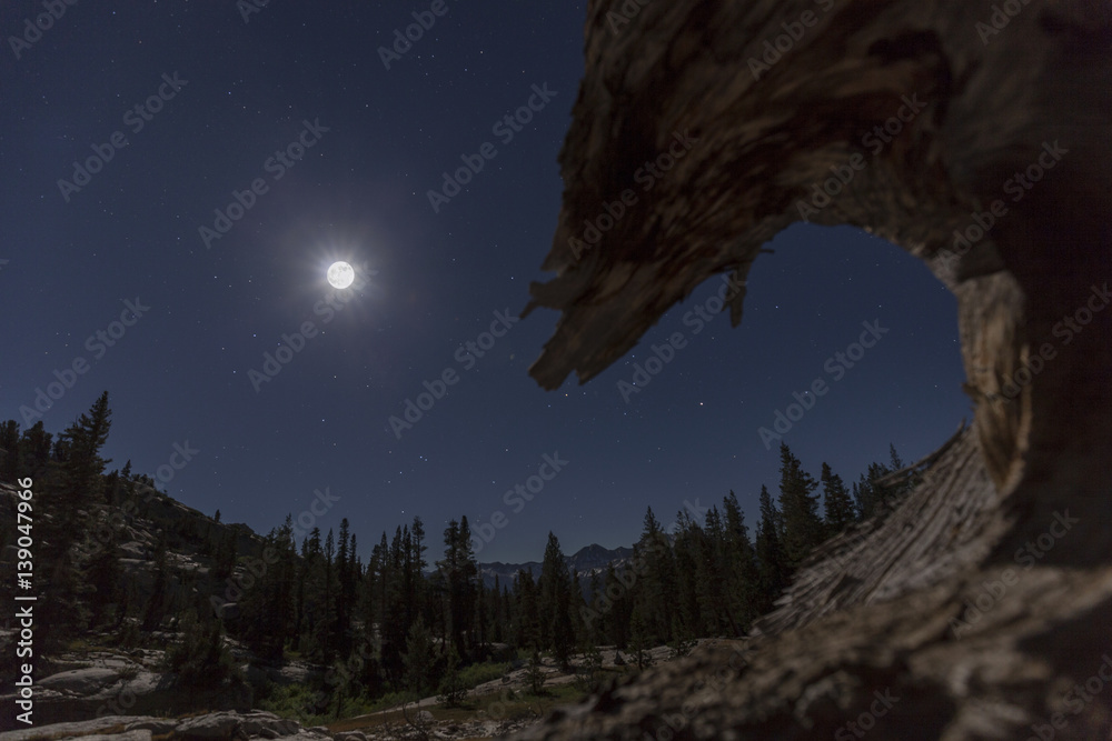 Mountain Moon - Bright moving moon over Sierra Nevada mountain landscape on the pacific crest ...