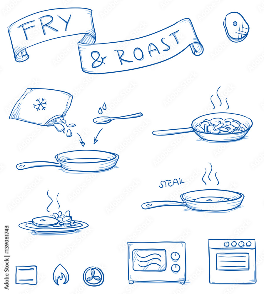 Set of different icons for frying and roasting food in a pan. With ...