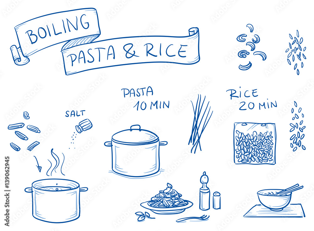 Set of different icons for boiling noodles and preparing rice. With ...