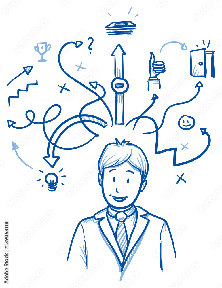 Happy business man, with arrows and strategy icons, concept for ...