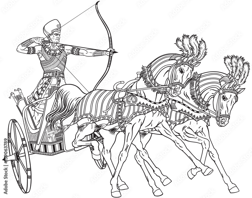 ancient Egypt two-wheeled chariot pulled by two horses carrying a ...