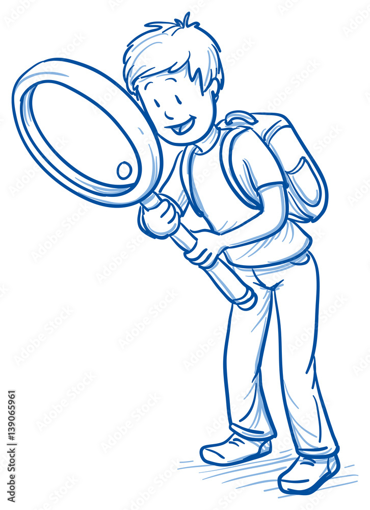Cute little boy with school bag an magnifying glass looking for ...