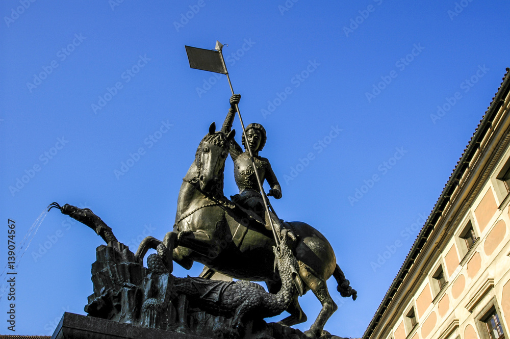 Prague, monument on hill Hradschin, statue of a horse rider, Cze Stock ...