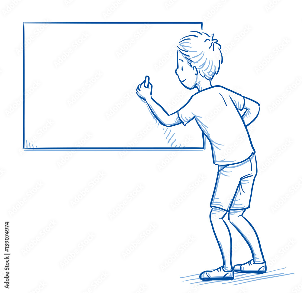 Happy young school boy writing on a blackboard. Hand drawn cartoon ...