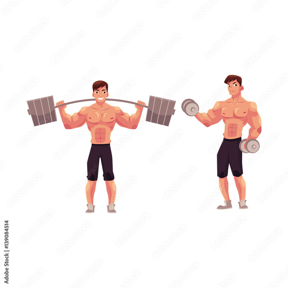 Young man, male bodybuilder, weightlifter working out, training with ...