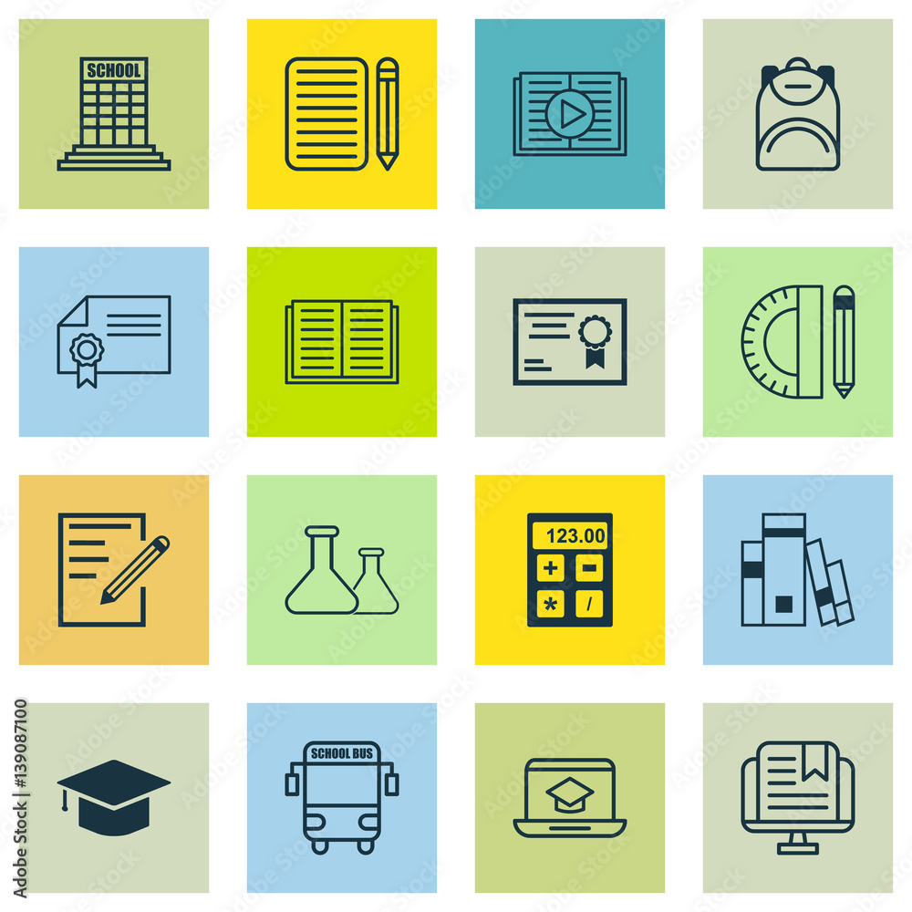 Vettoriale Stock Set Of 16 School Icons. Includes Haversack, Diploma ...