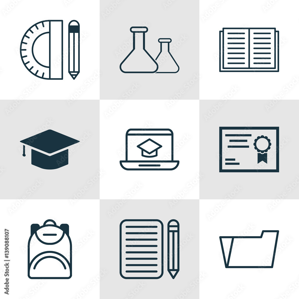 Set Of 9 Education Icons. Includes Opened Book, Document Case ...
