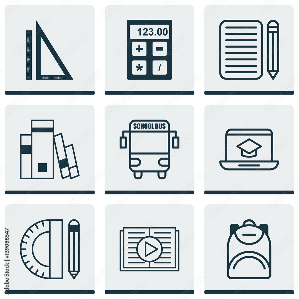 Set Of 9 School Icons. Includes Measurement, Transport Vehicle, Library ...