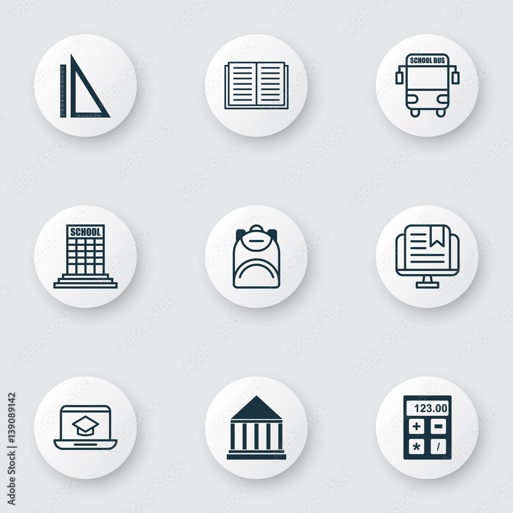 Set Of 9 School Icons. Includes Academy, Electronic Tool, E-Study And ...