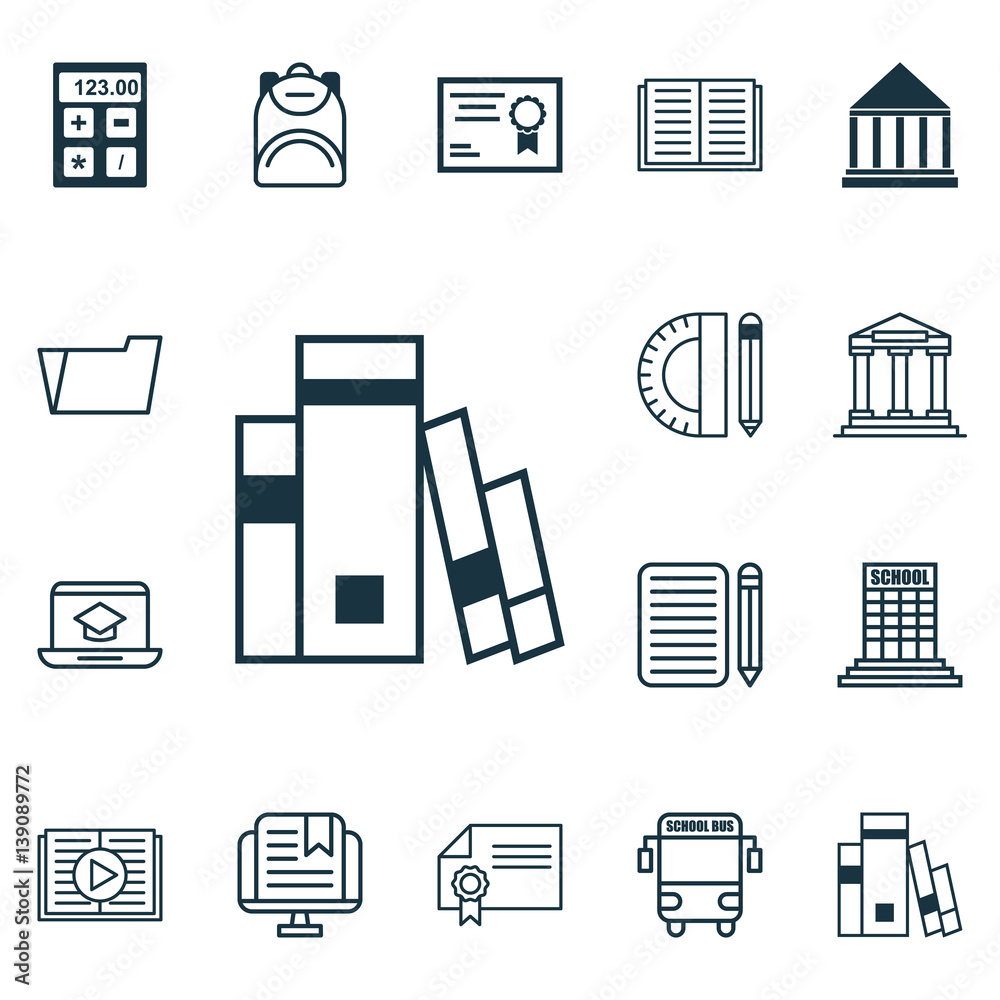 Set Of 16 School Icons. Includes Haversack, Education Center, Transport ...