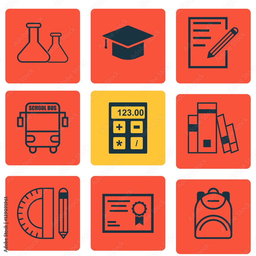 Set Of 9 School Icons. Includes Graduation, Certificate, Library And ...