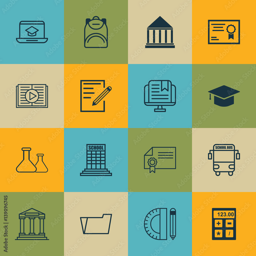 Set Of 16 School Icons. Includes Diploma, Education Center, Certificate ...