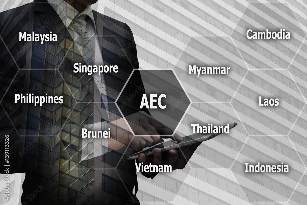 Double Exposure Businessman touching modern tablet with virtual panel ...