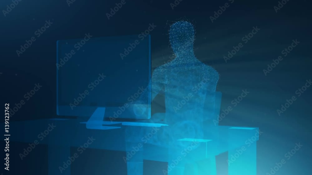 Digital Man Forms Rotates Working at a Computer. particles form a ...