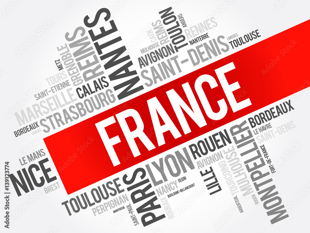 List of cities and towns in France, word cloud collage, travel concept ...